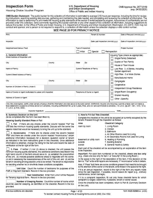 HUD-52580-A HQS Inspection Form (20-page booklet) – Housing-Forms