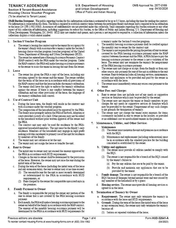 HUD-52641-A Tenancy Addendum - Housing Choice Voucher – Housing-Forms