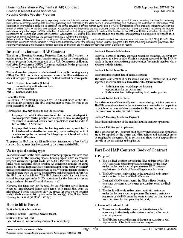 HUD-52641 HAP Contract, Parts A, B, C - HCV Booklet & Form – Housing-Forms
