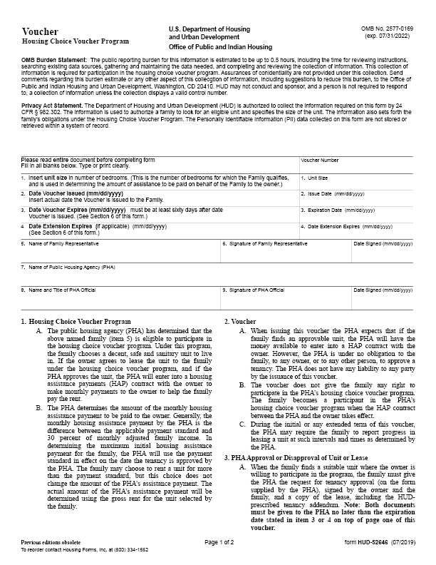 HUD-52646 Housing Choice Voucher – Housing-Forms