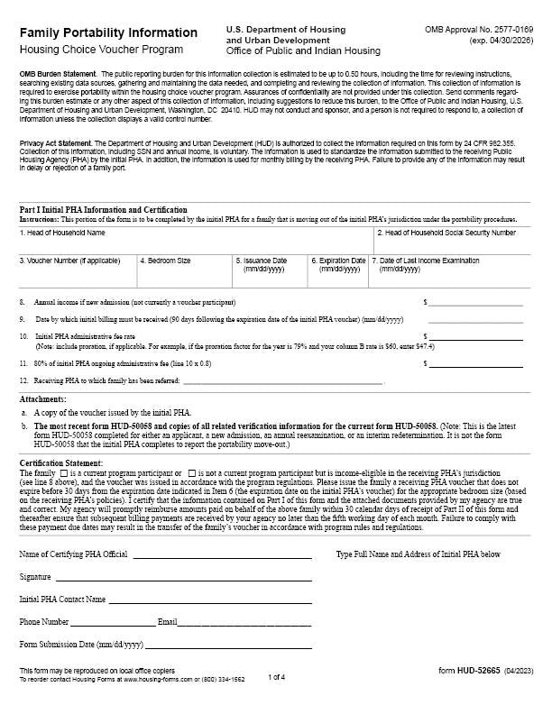 HUD-52665 Family Portability - Certificate & Voucher – Housing-Forms