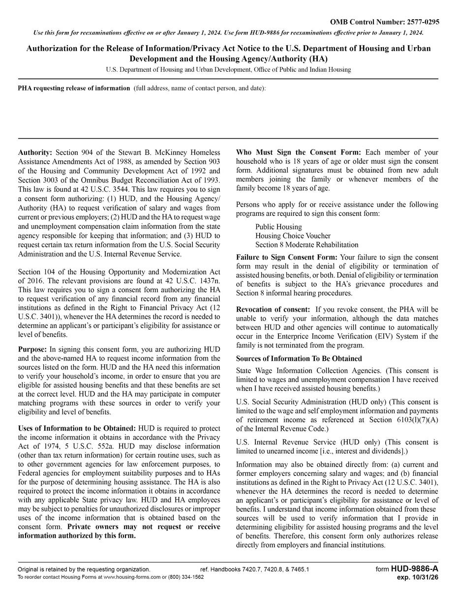 HUD-9886-A Authorization for Release of Information / Privacy Act ...