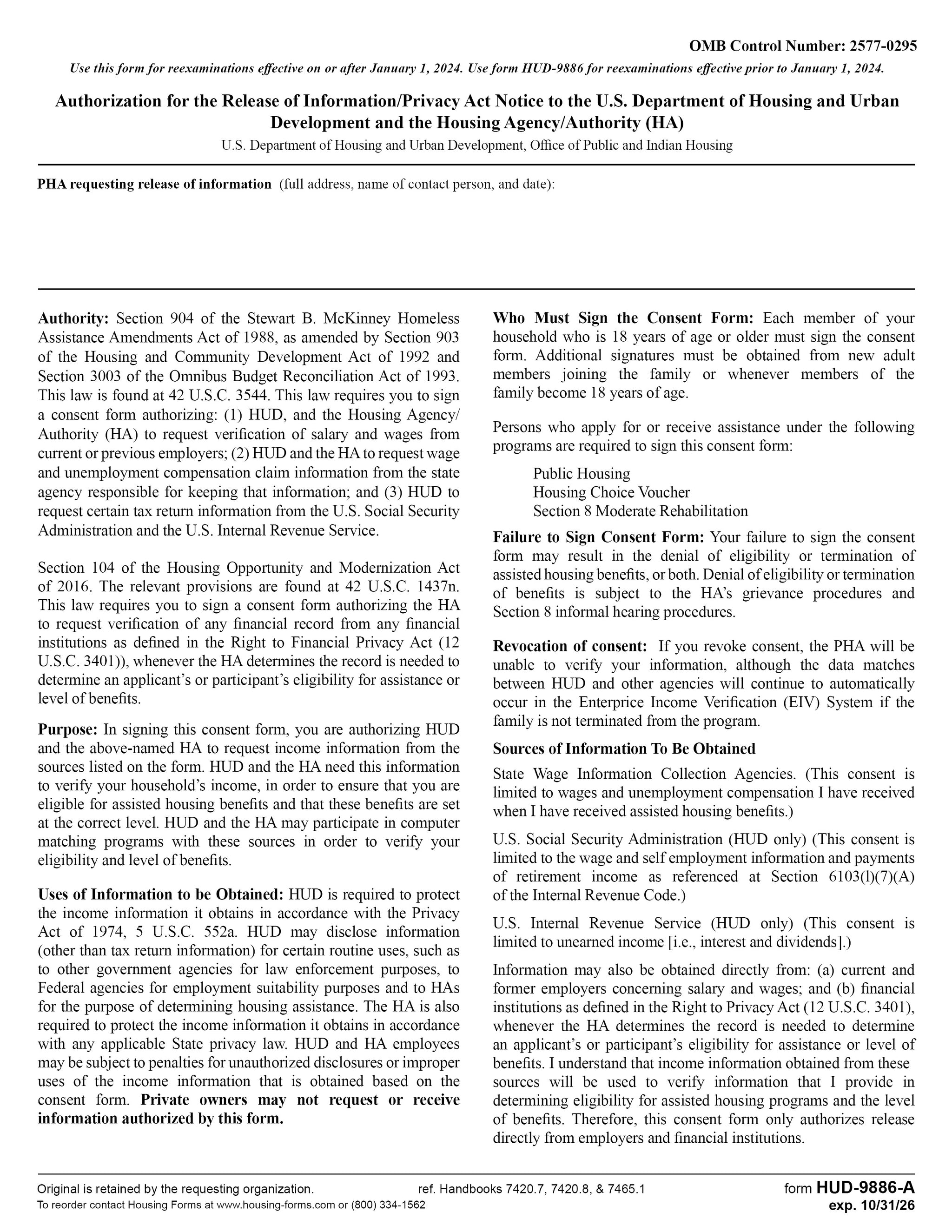 HUD-9886-A Authorization for Release of Information / Privacy Act ...