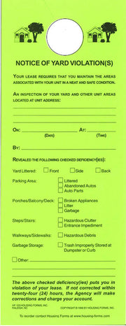 HF-103 Notice of Yard Violation Door Hanger (1-part) – Housing-Forms