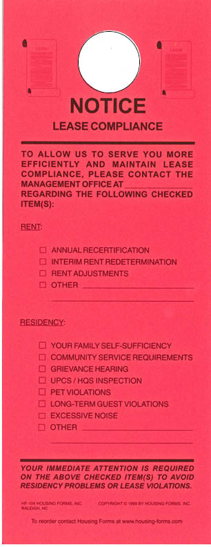 HF-104 Notice of Lease Compliance Door Hanger (1-part) – Housing-Forms
