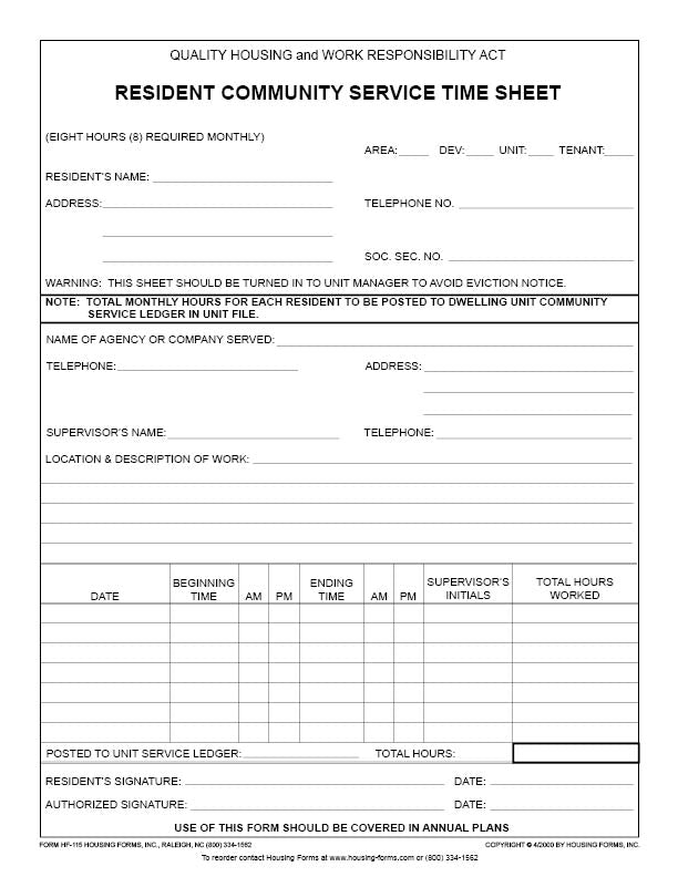 HF-115 Resident Community Service Time Sheet – Housing-Forms