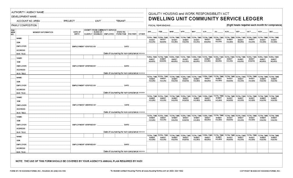 HF-116 Dwelling Unit Community Service Ledger – Housing-Forms