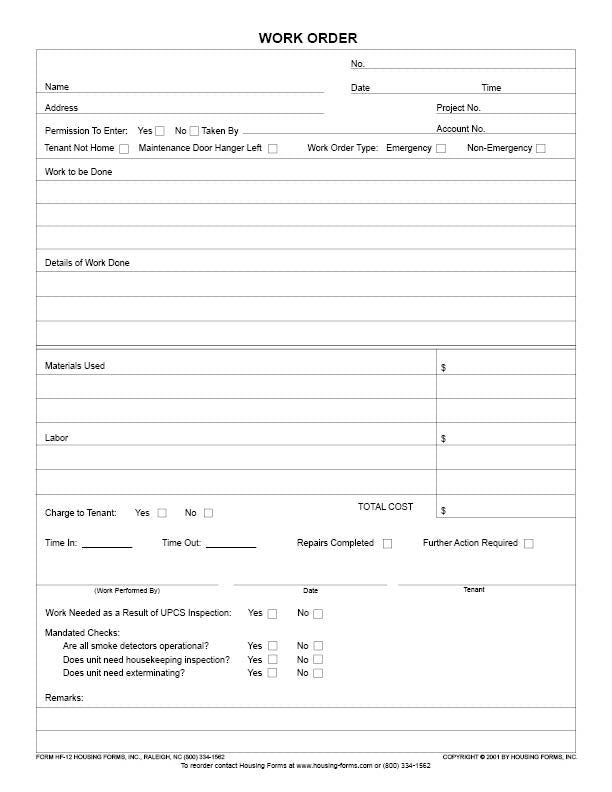 HF-12 Work Order – Housing-Forms