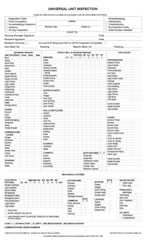HF-207 Universal Unit Inspection – Housing-Forms