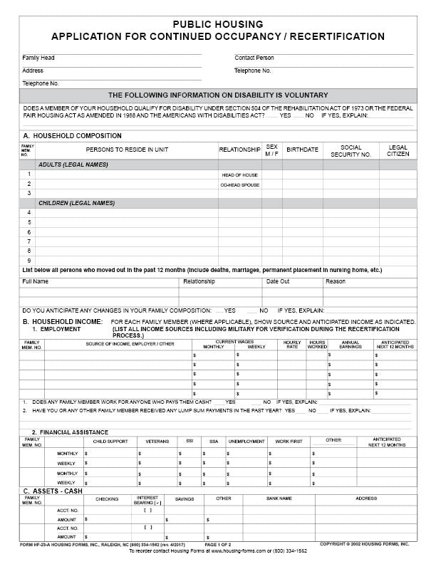HF-23-A PH Application Continued Occupancy/Recert. – Housing-Forms