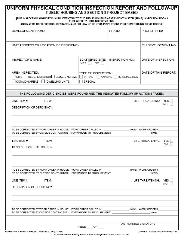 HF-418 UPCS Inspection Report and Follow-up – Housing-Forms