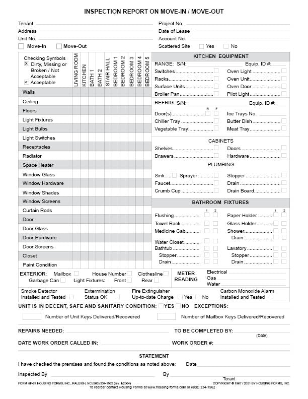 HF-67 Inspection Report on Move In/Move Out – Housing-Forms