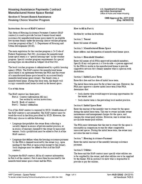 HUD-52642 HAP Contract - Manufactured Home Space Rental – Housing-Forms