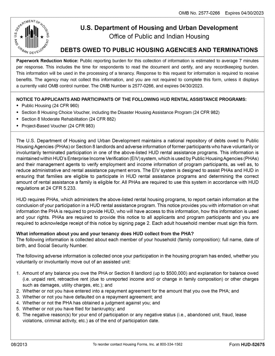 HUD-52675 Debts Owed to PHAs and Terminations – Housing-Forms